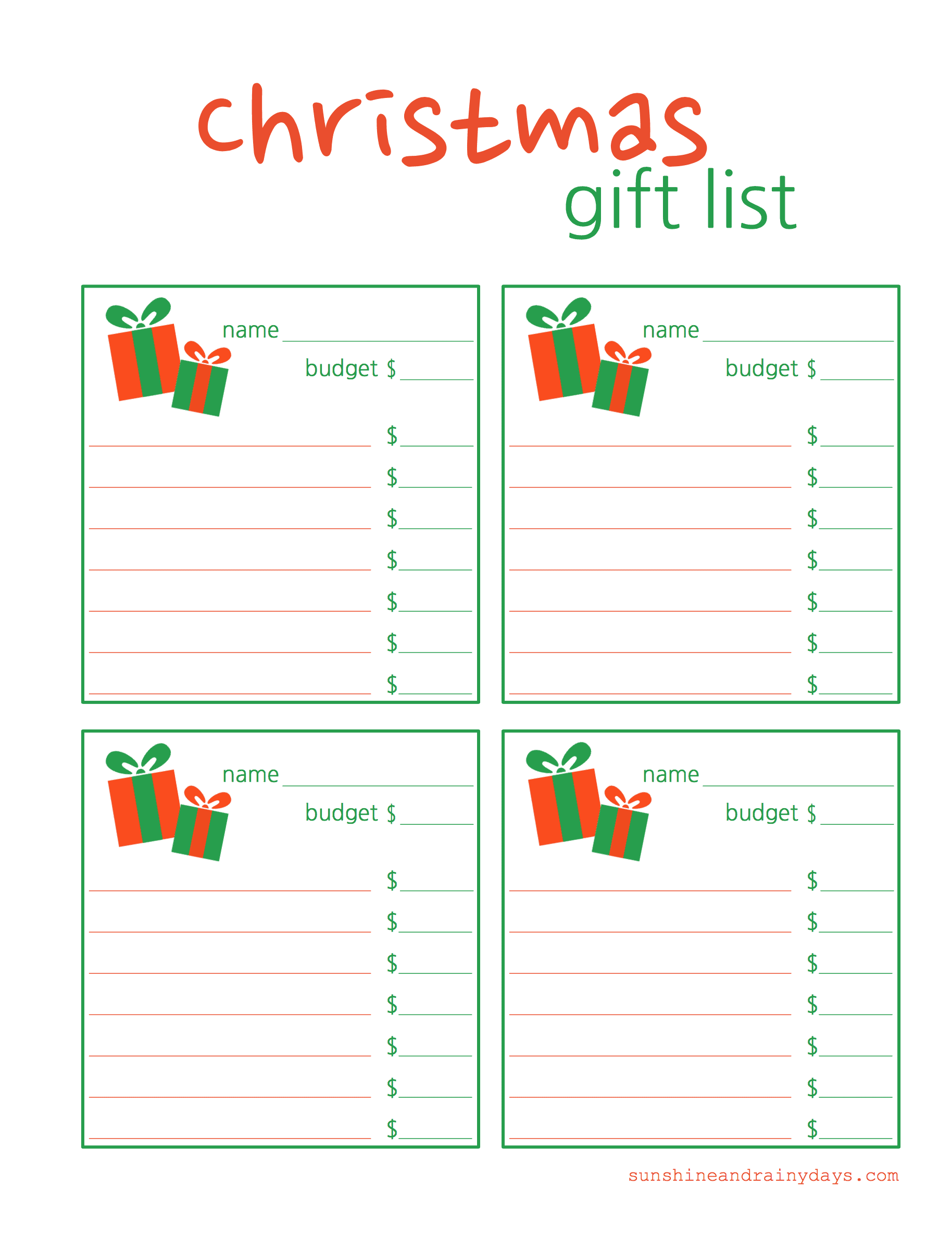 Christmas Gift List Sunshine And Rainy Days