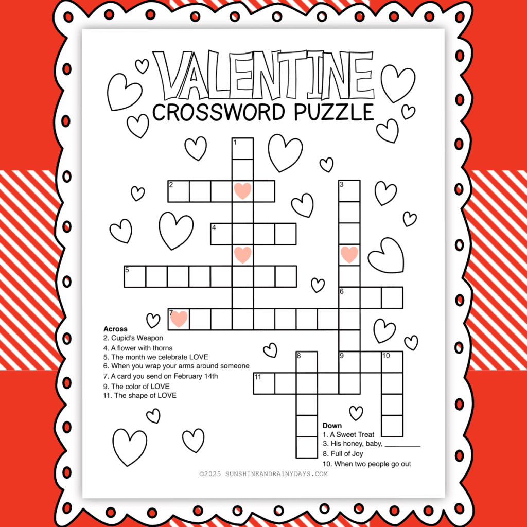 Valentine Crossword Puzzle - Sunshine and Rainy Days