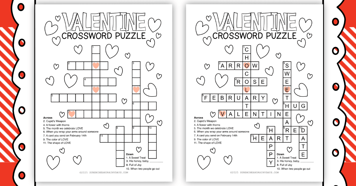 Valentine Crossword Puzzle - Sunshine and Rainy Days