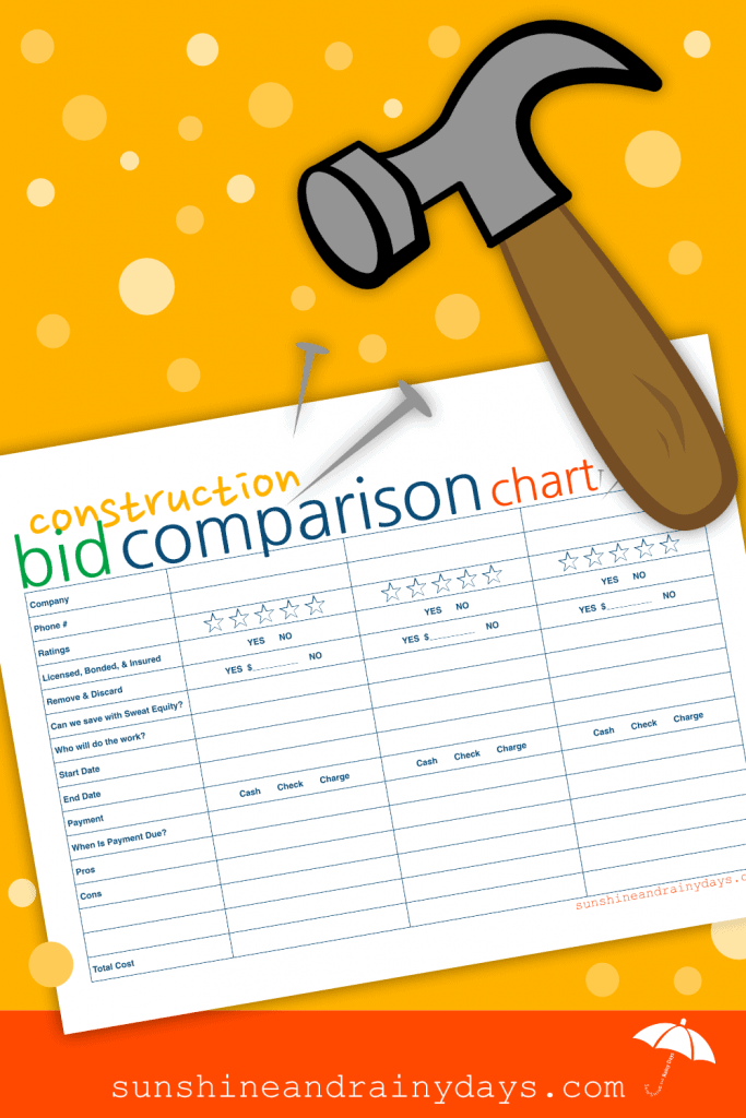Construction Bid Comparison Chart - Sunshine and Rainy Days