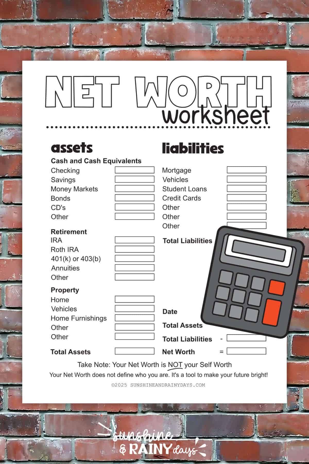 Net Worth Worksheet - Sunshine and Rainy Days