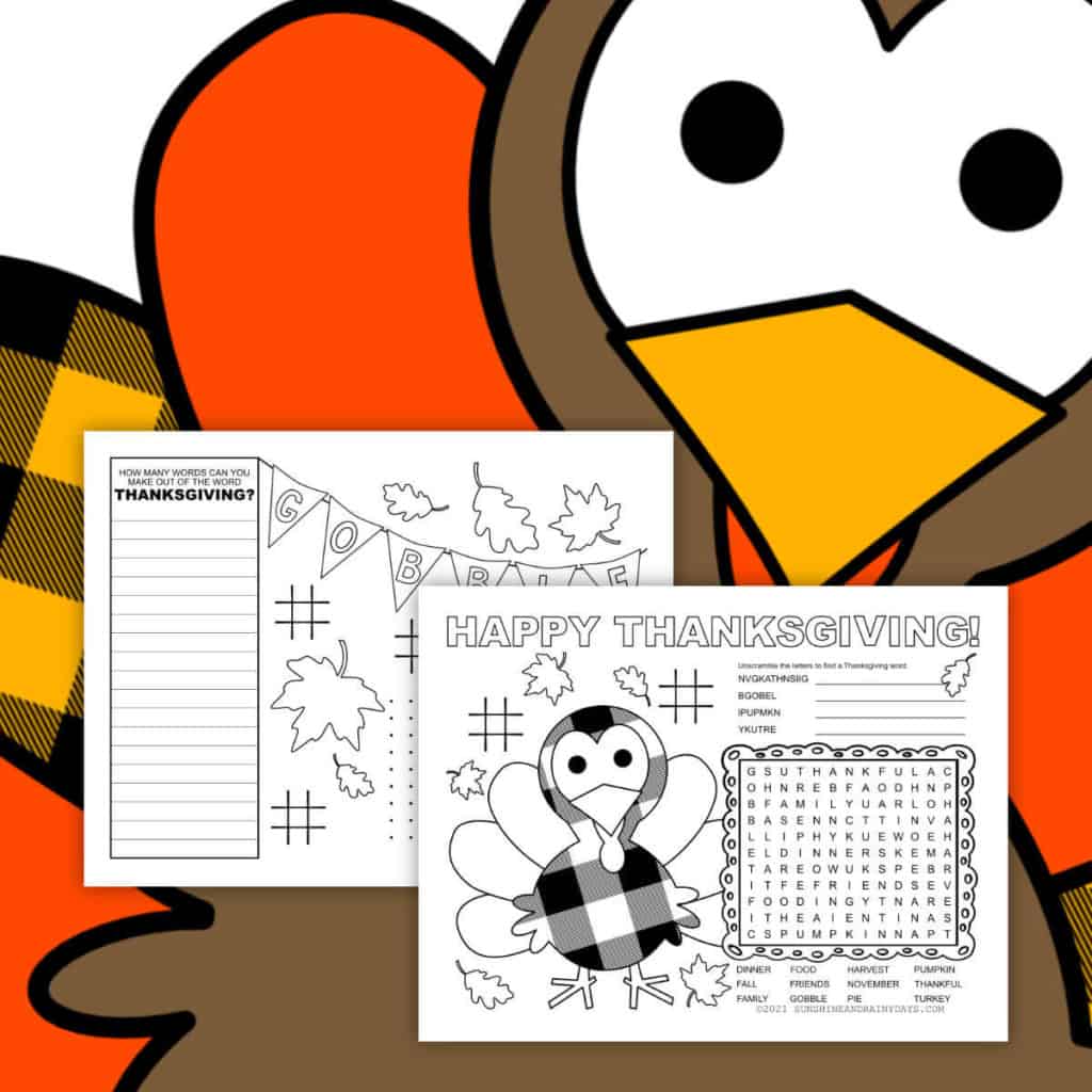 Thanksgiving Placemat Activity Sheet - Sunshine and Rainy Days