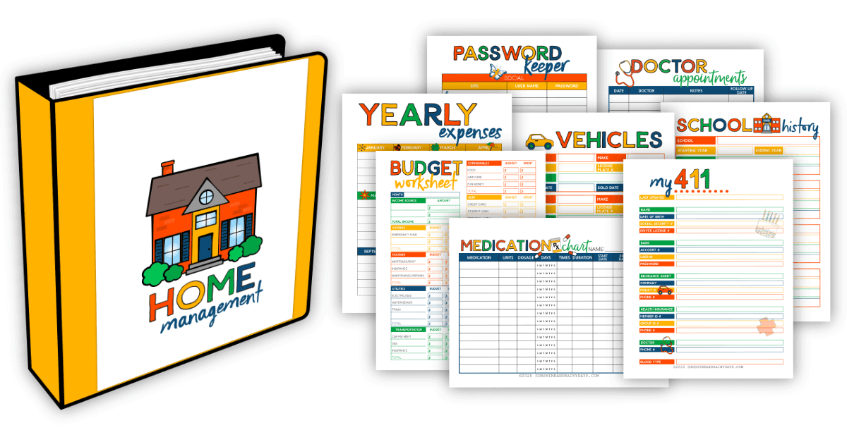 Home Management Binder System For Young Adults - Sunshine and Rainy Days