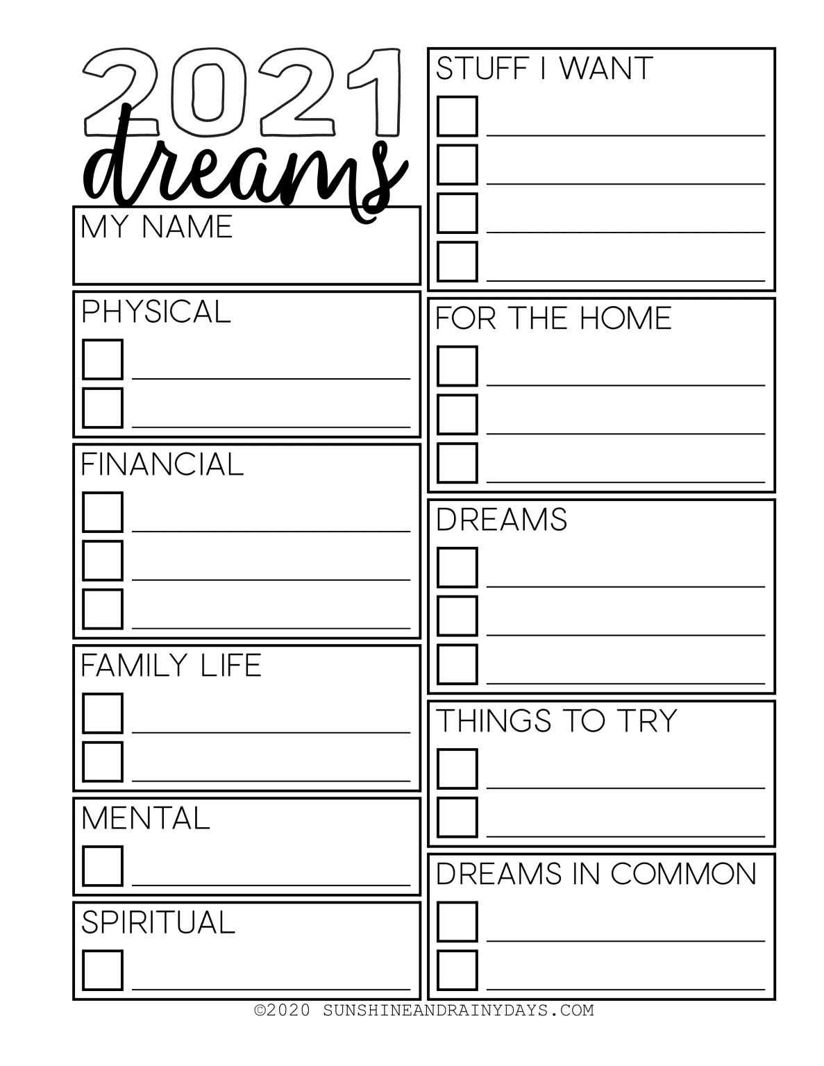 2021 Dream Sheet - Sunshine and Rainy Days