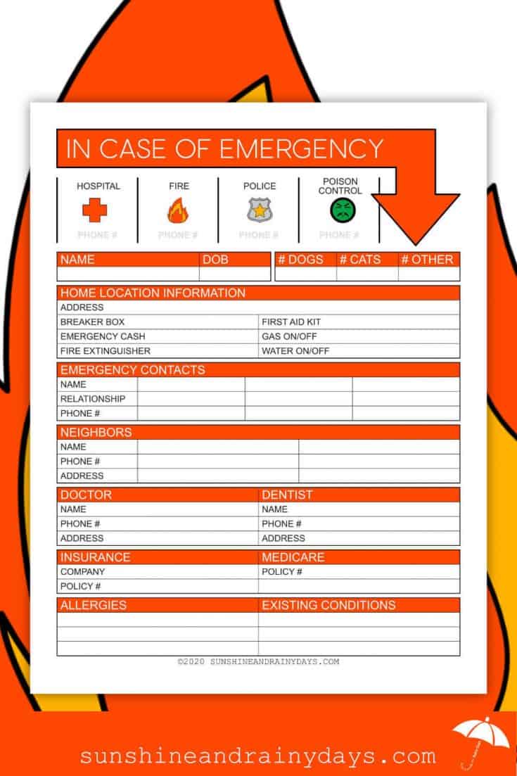 In Case Of Emergency Information Sheet - Sunshine and Rainy Days