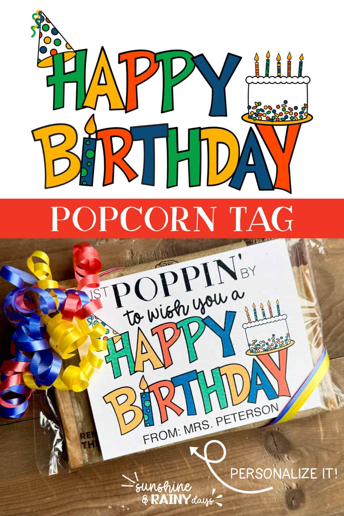 Happy Birthday Popcorn Tag - Sunshine and Rainy Days
