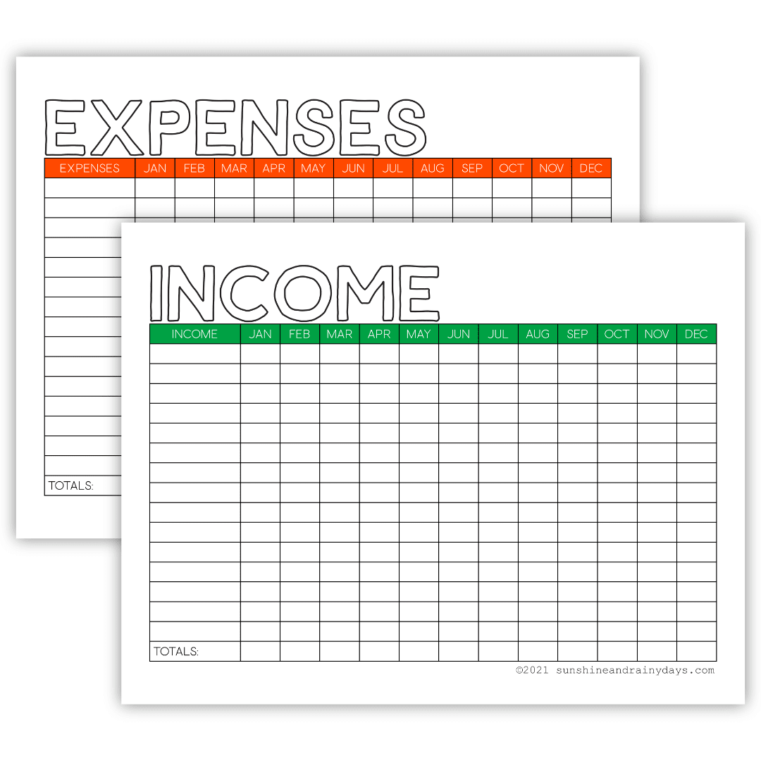 Income and Expense Printables - Sunshine and Rainy Days