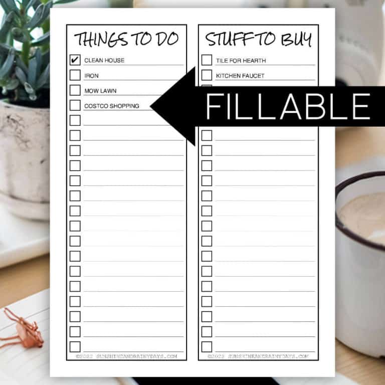 Fillable Things To Do Checklist - Sunshine and Rainy Days
