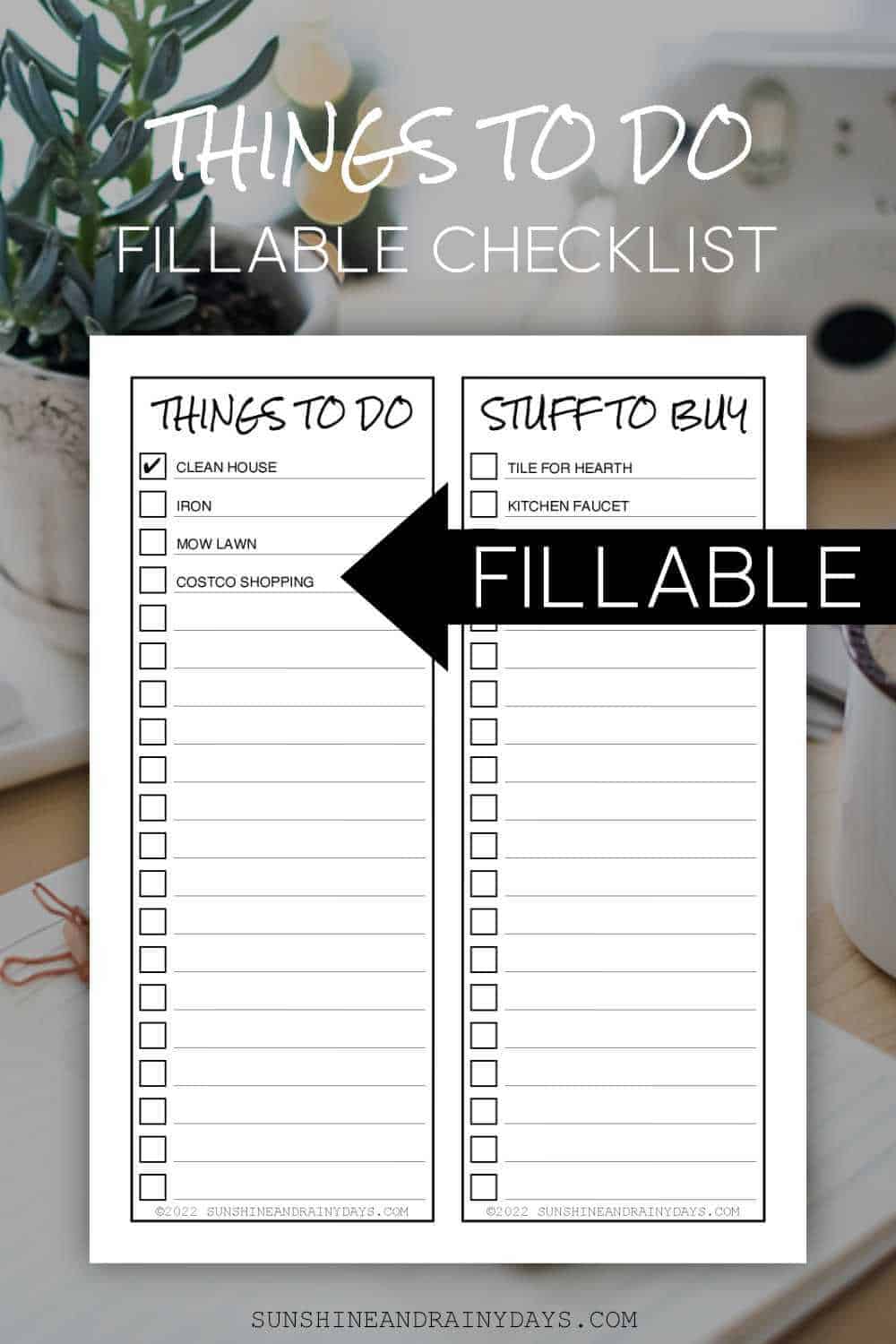 Fillable Things To Do Checklist - Sunshine and Rainy Days