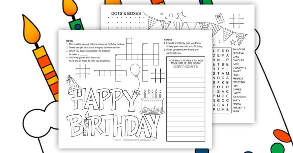 Printable Birthday Activity Placemat - Sunshine and Rainy Days