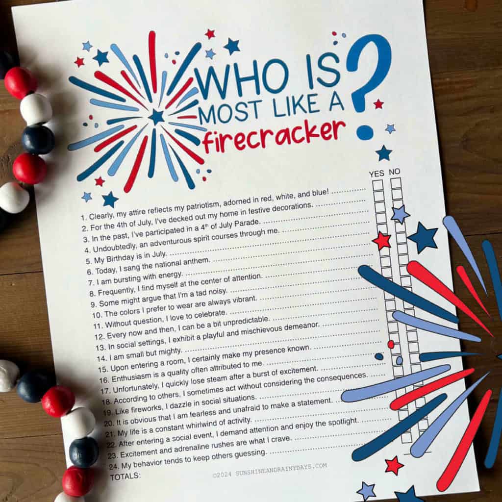 Who Is Most Like A Firecracker 4th of July Game - Sunshine and Rainy Days