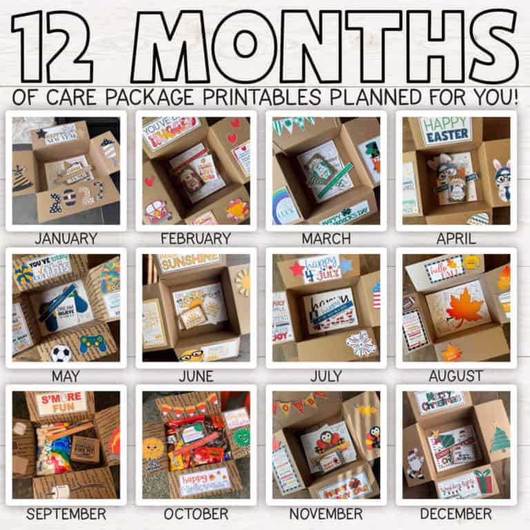 12 Months Of Care Package Printables - Sunshine and Rainy Days